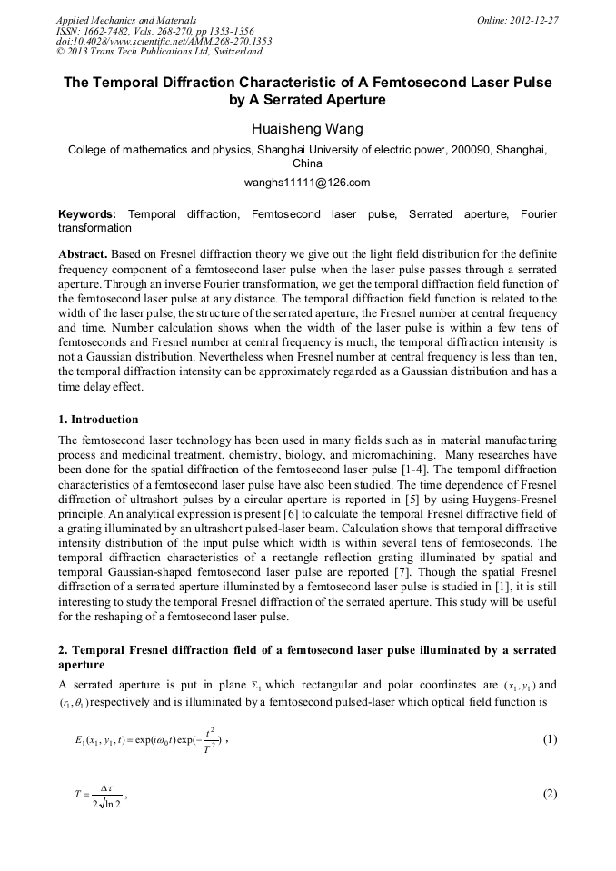 The Temporal Diffraction Characteristic of a Femtosecond Laser Pulse by ...