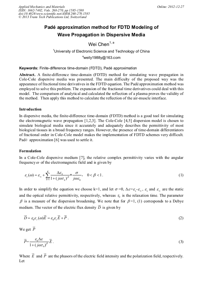Padé Approximation Method for FDTD Modeling of Wave Propagation in Dispersive Media | Scientific.Net