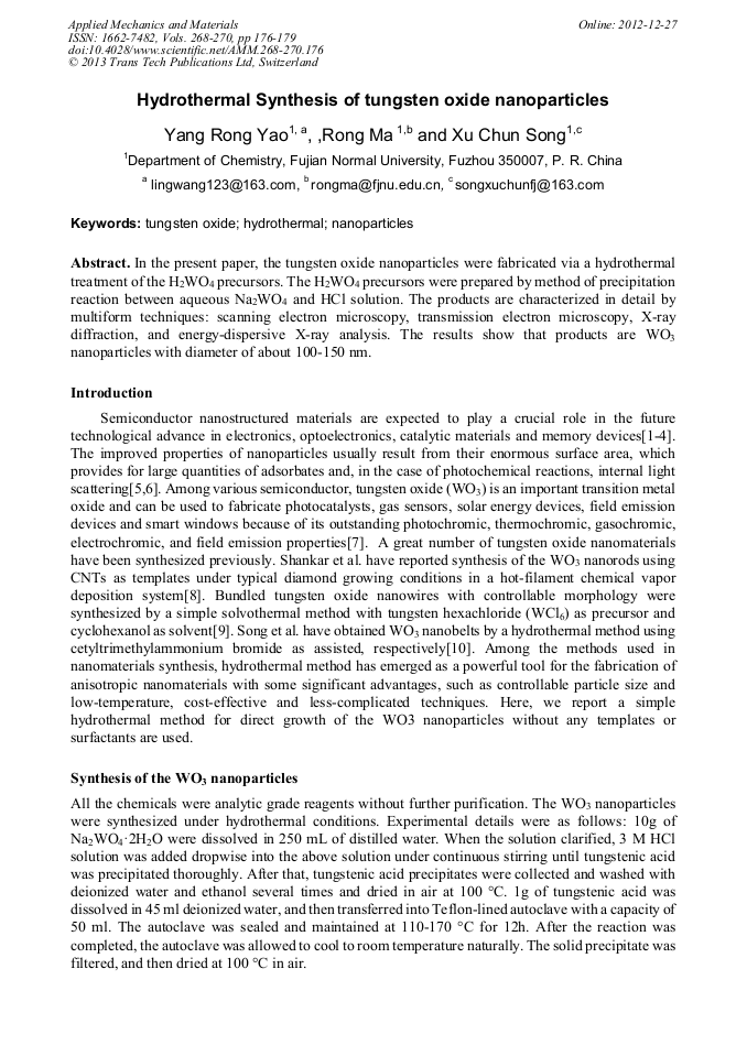 Hydrothermal Synthesis of Tungsten Oxide Nanoparticles | Scientific.Net