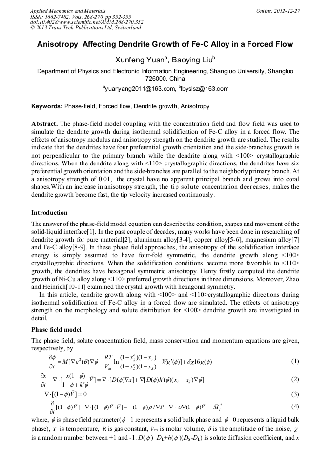 Anisotropy Affecting Dendrite Growth of Fe-C Alloy in a Forced Flow | Scientific.Net