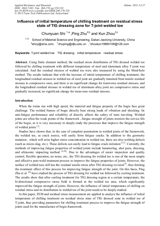 Influence of Initial Temperature of Chilling Treatment on Residual ...
