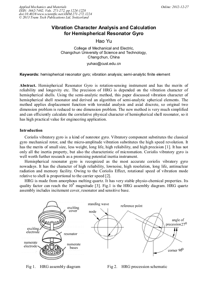 Vibration Character Analysis and Calculation for Hemispherical ...