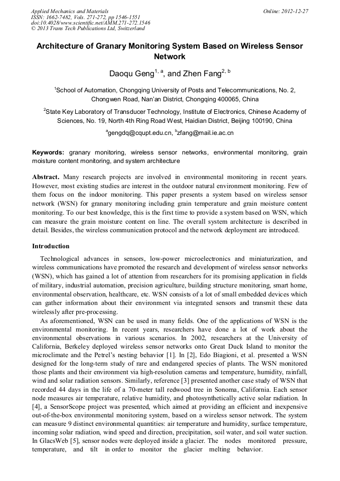 Architecture of Granary Monitoring System Based on Wireless Sensor ...