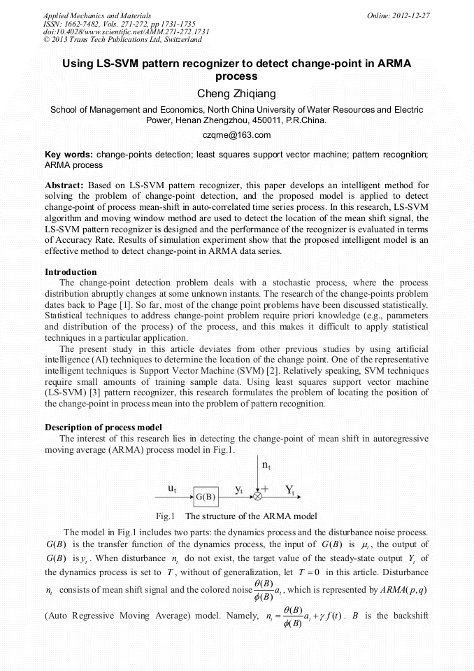 Using LS-SVM Pattern Recognizer to Detect Change-Point in ARMA Process | Scientific.Net