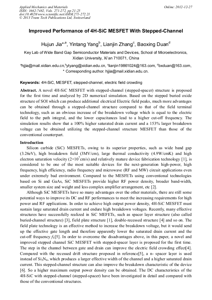Improved Performance of 4H-SiC MESFET with Stepped-Channel | Scientific.Net