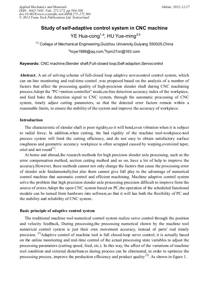 Study of Self-Adaptive Control System in CNC Machine | Scientific.Net
