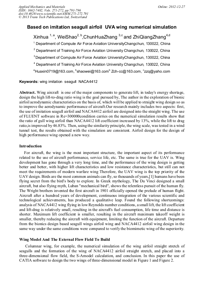 Based on Imitation Seagull Airfoil UVA Wing Numerical Simulation ...