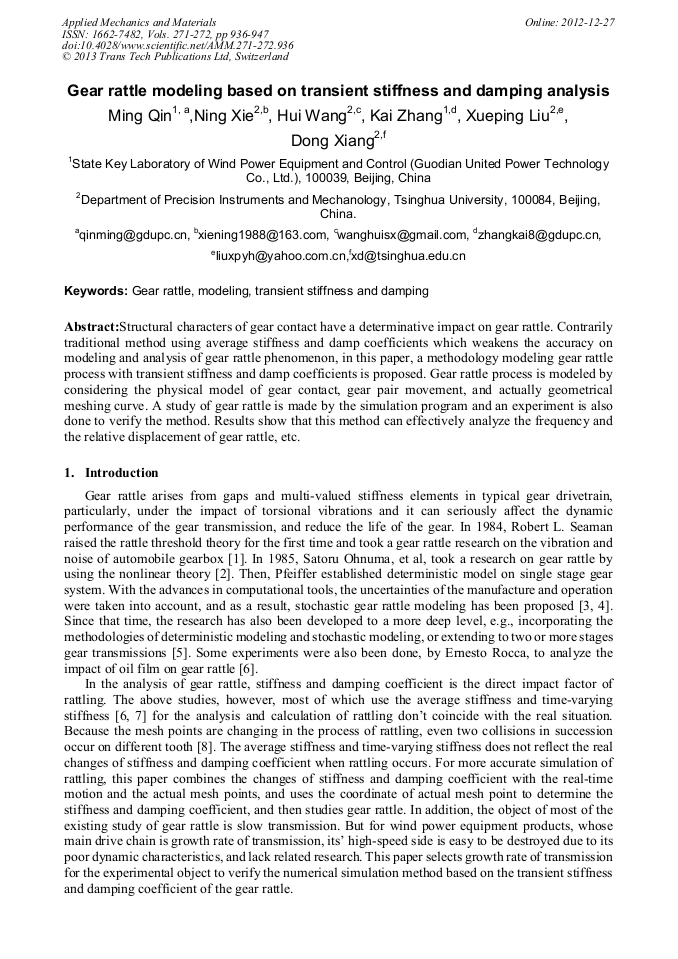 Gear Rattle Modeling Based on Transient Stiffness and Damping Analysis ...