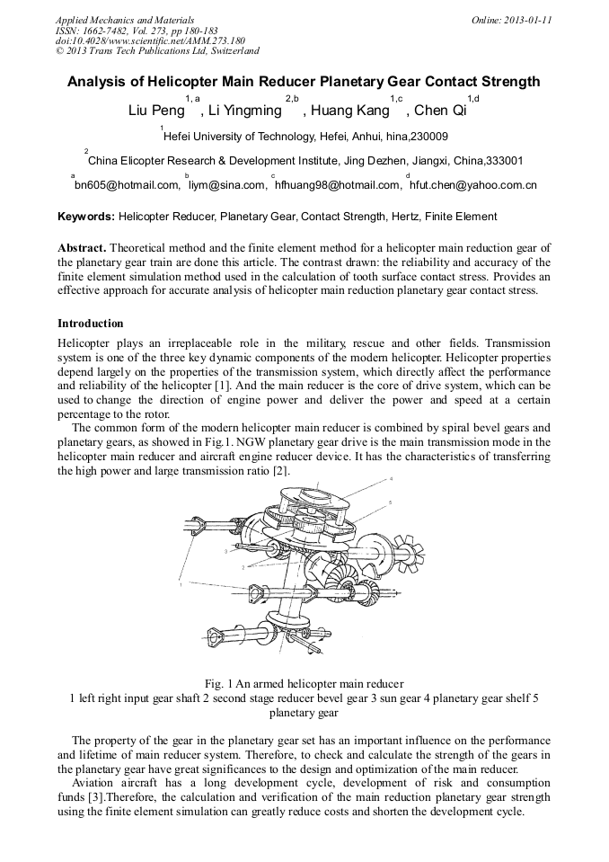 Analysis of Helicopter Main Reducer Planetary Gear Contact Strength ...