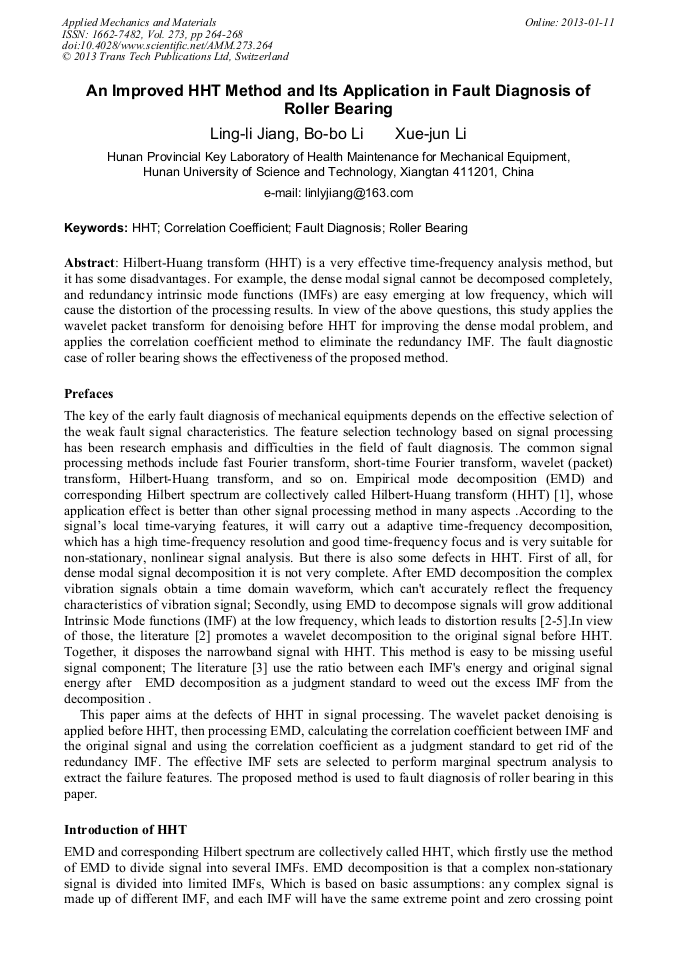 An Improved HHT Method and its Application in Fault Diagnosis of Roller ...