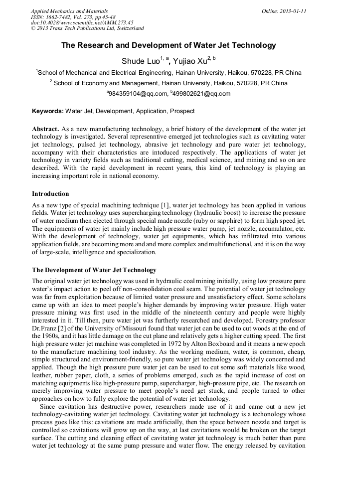 The Research and Development of Water Jet Technology | Scientific.Net