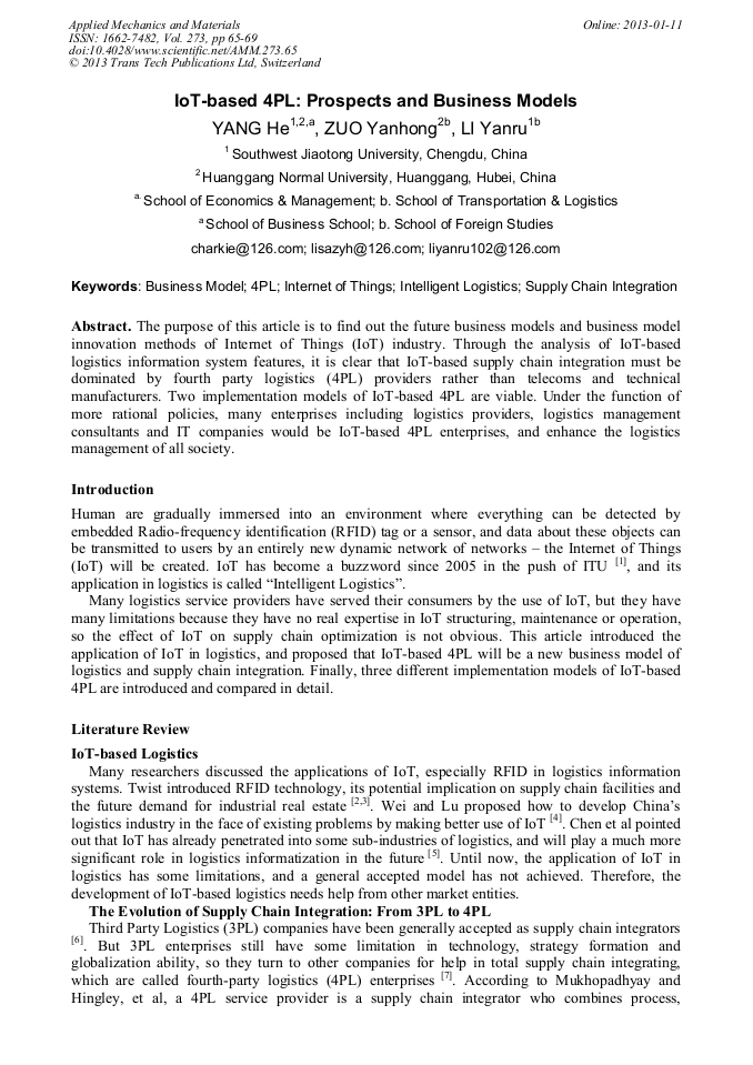 IoT-Based 4PL: Prospects and Business Models | Scientific.Net