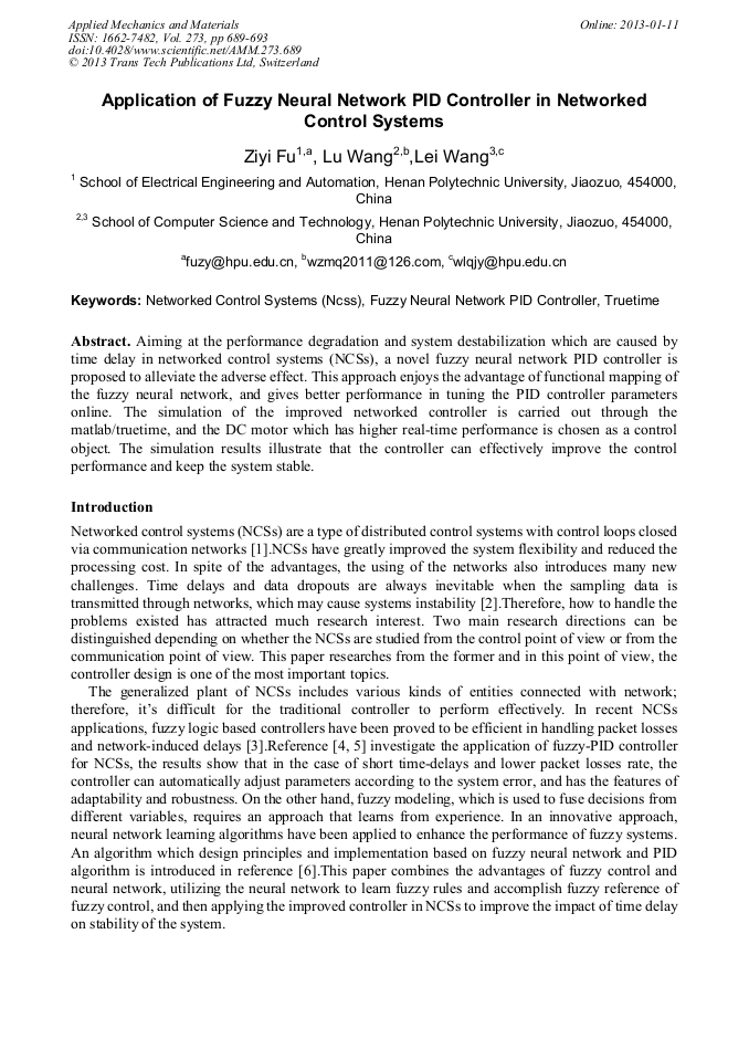 Application of Fuzzy Neural Network PID Controller in Networked Control ...