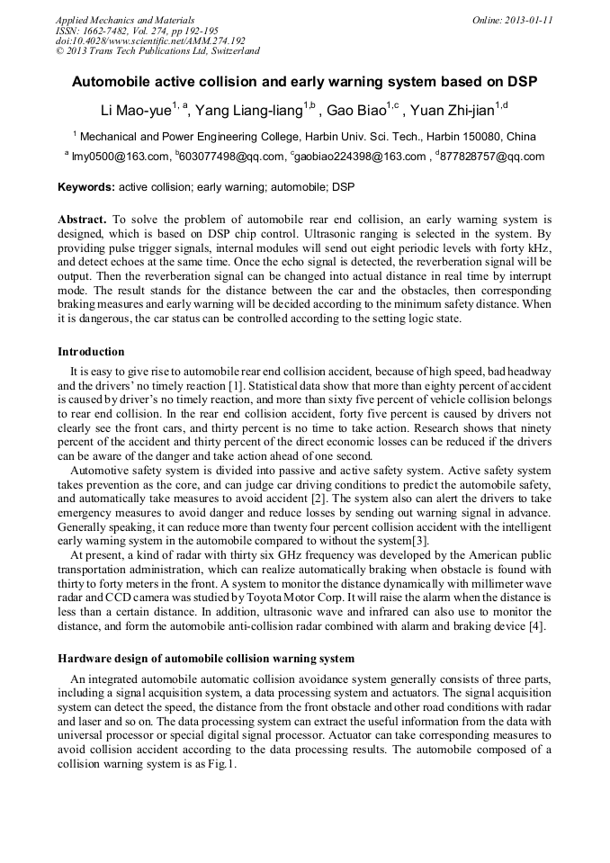 Automobile Active Collision and Early Warning System Based on DSP ...