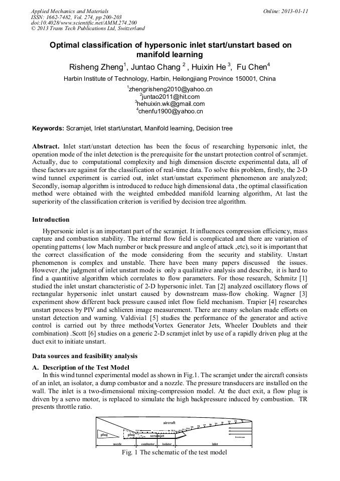 Optimal Classification of Hypersonic Inlet Start/Unstart Based on ...