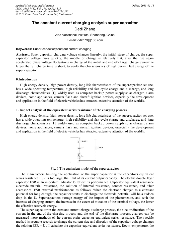 The Constant Current Charging Analysis Super Capacitor | Scientific.Net