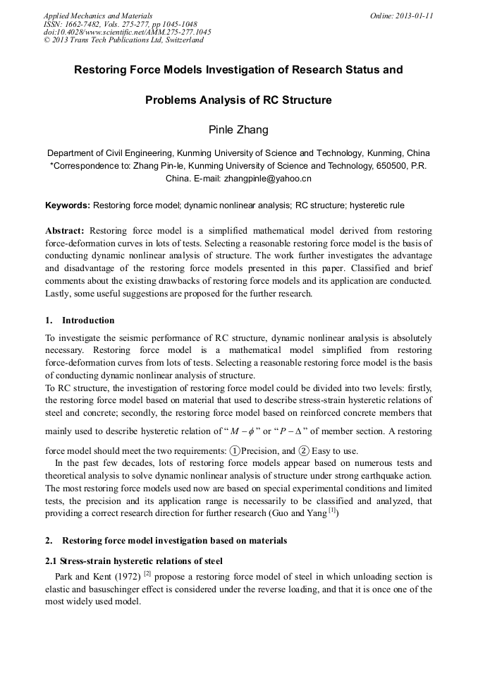 Restoring Force Models Investigation of Research Status and Problems ...