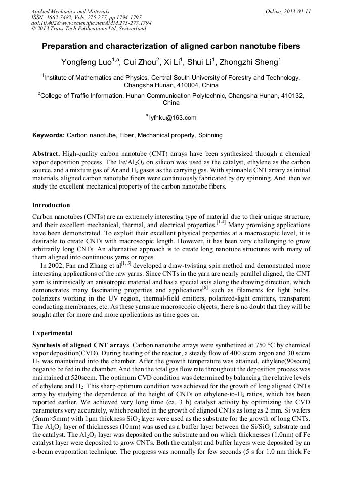 Preparation and Characterization of Aligned Carbon Nanotube Fibers ...