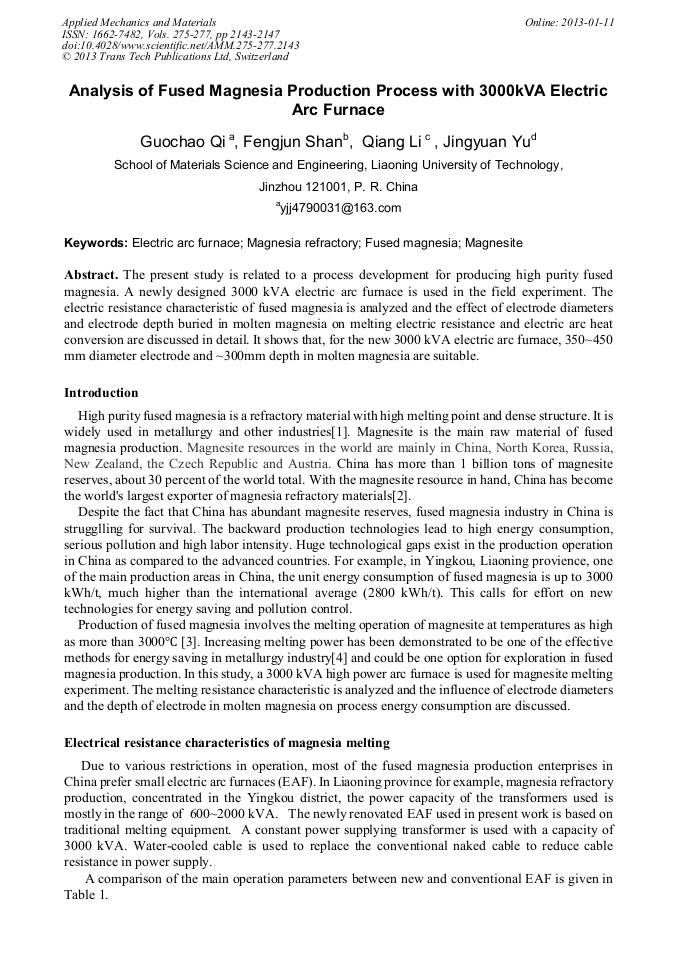 Analysis of Fused Magnesia Production Process with 3000kVA Electric Arc ...