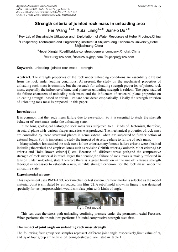 Strength Criteria of Jointed Rock Mass in Unloading Area | Scientific.Net