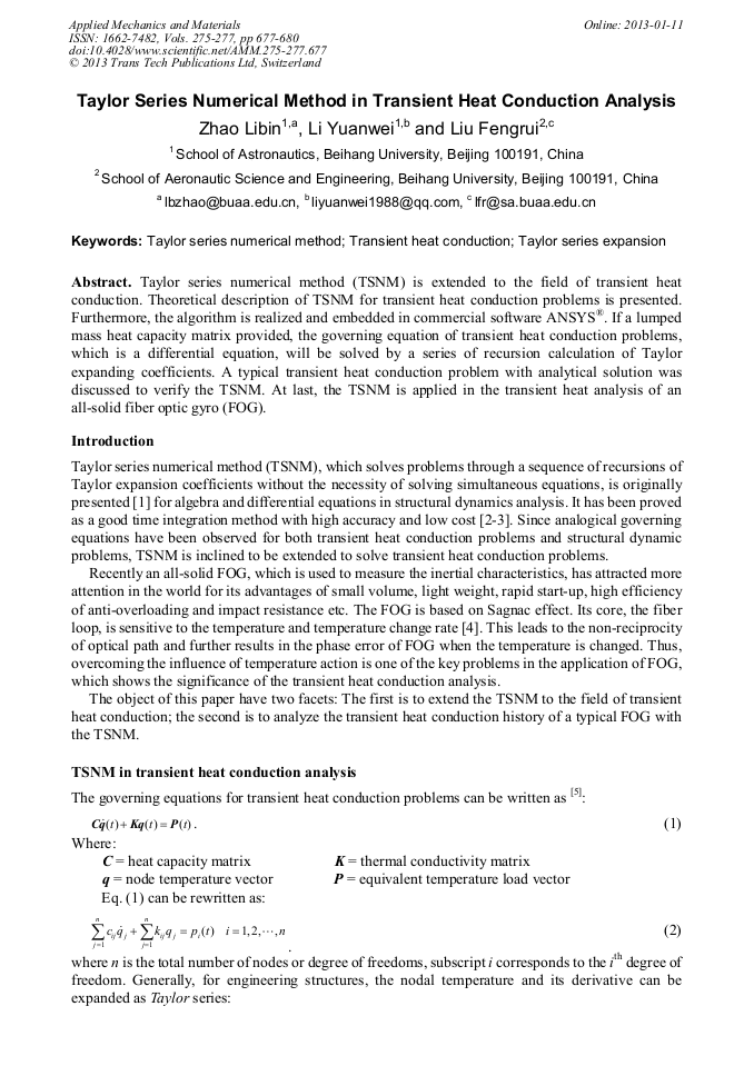 Taylor Series Numerical Method in Transient Heat Conduction Analysis ...