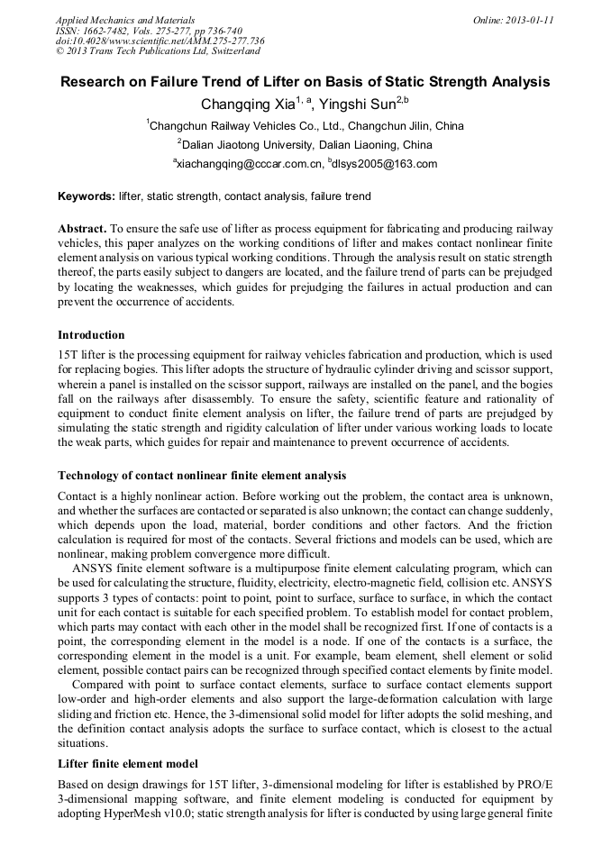 Research on Failure Trend of Lifter on Basis of Static Strength ...