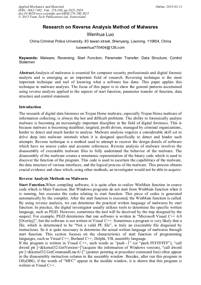 Research on Reverse Analysis Method of Malwares | Scientific.Net