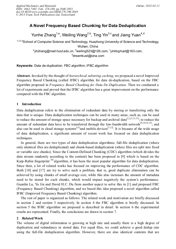 A Novel Frequency Based Chunking for Data Deduplication | Scientific.Net