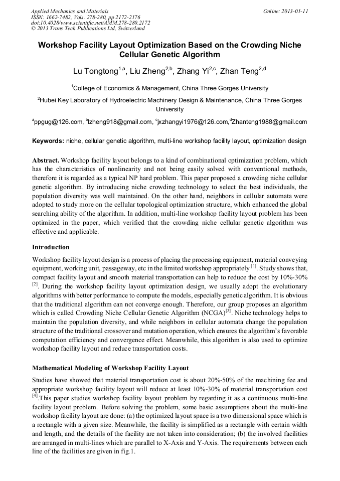Workshop Facility Layout Optimization Based on the Crowding Niche Cellular Genetic Algorithm ...