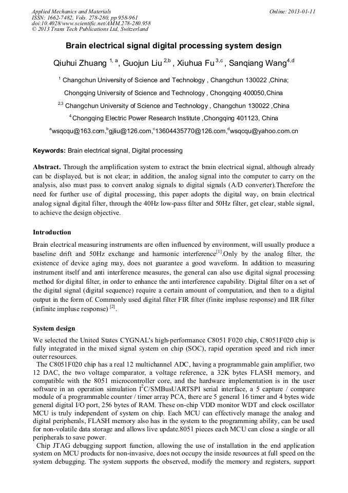 Brain Electrical Signal Digital Processing System Design | Scientific.Net