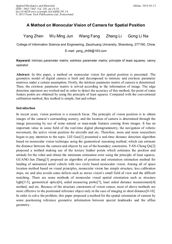 A Method on Monocular Vision of Camera for Spatial Position ...