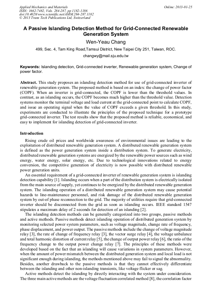 A Passive Islanding Detection Method For Grid Connected Renewable Generation System Scientific Net