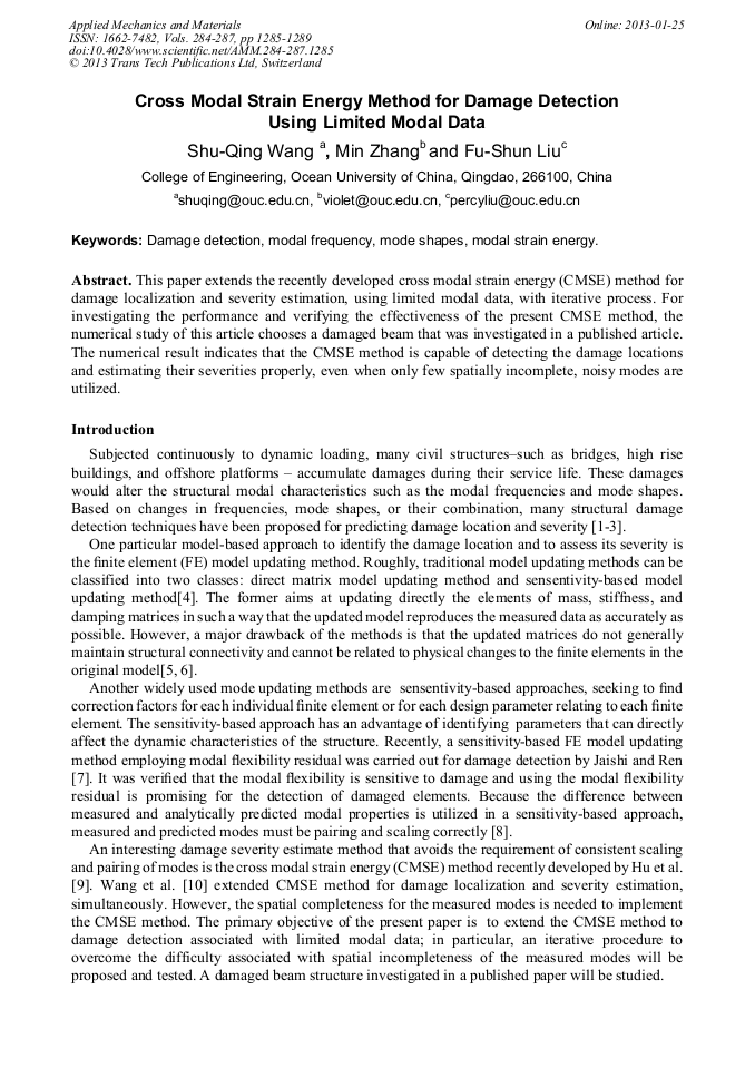 Cross Modal Strain Energy Method for Damage Detection Using Limited ...