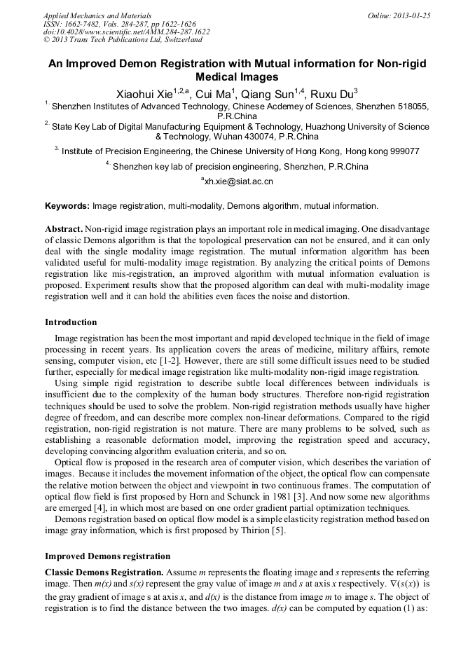 An Improved Demon Registration with Mutual Information for Non-Rigid Medical Images | Scientific.Net