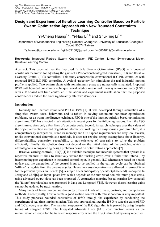 Design and Experiment of Iterative Learning Controller Based on Particle Swarm Optimization ...