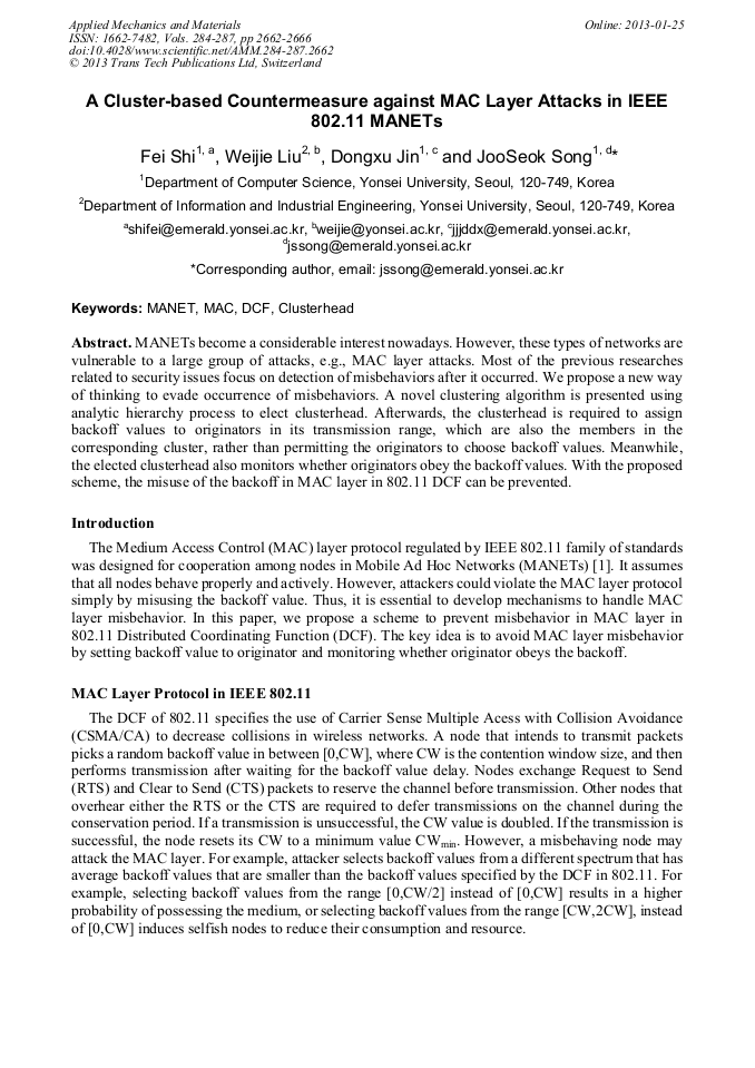 A Cluster-Based Countermeasure against MAC Layer Attacks in IEEE 802.11 ...