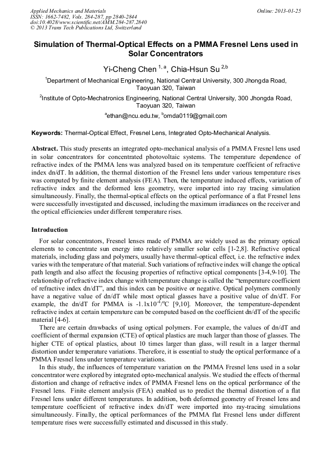 Simulation of Thermal-Optical Effects on a PMMA Fresnel Lens Used in ...