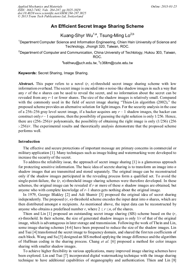 An Efficient Secret Image Sharing Scheme | Scientific.Net