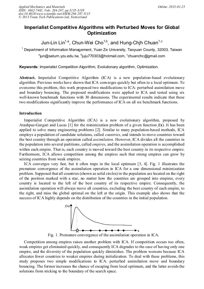 Imperialist Competitive Algorithms with Perturbed Moves for Global Optimization | Scientific.Net