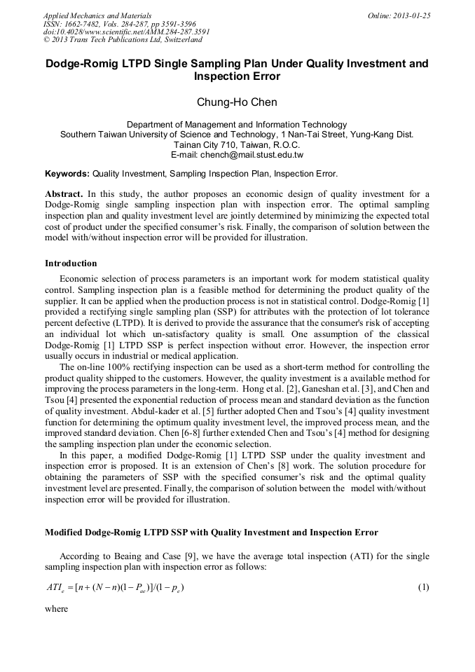 Dodge-Romig LTPD Single Sampling Plan under Quality Investment and ...