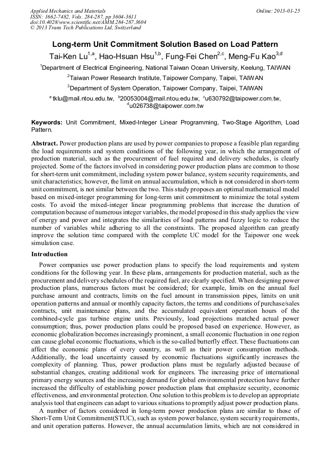 Long-Term Unit Commitment Solution Based on Load Pattern | Scientific.Net