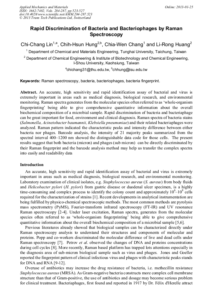 Rapid Discrimination of Bacteria and Bacteriophages by Raman ...