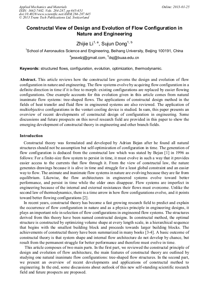 Constructal View of Design and Evolution of Flow Configuration in ...