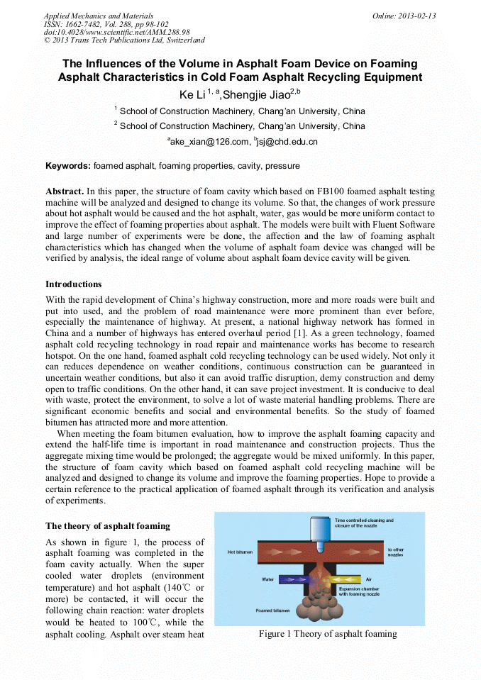 The Influences of the Volume in Asphalt Foam Device on Foaming Asphalt ...