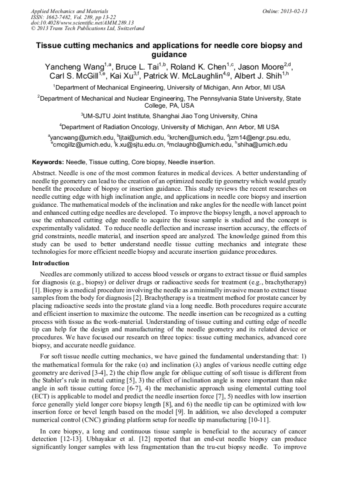 Tissue Cutting Mechanics and Applications for Needle Core Biopsy and ...