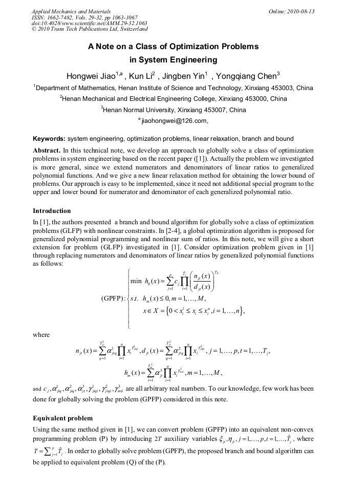 A Note on a Class of Optimization Problems in System Engineering ...
