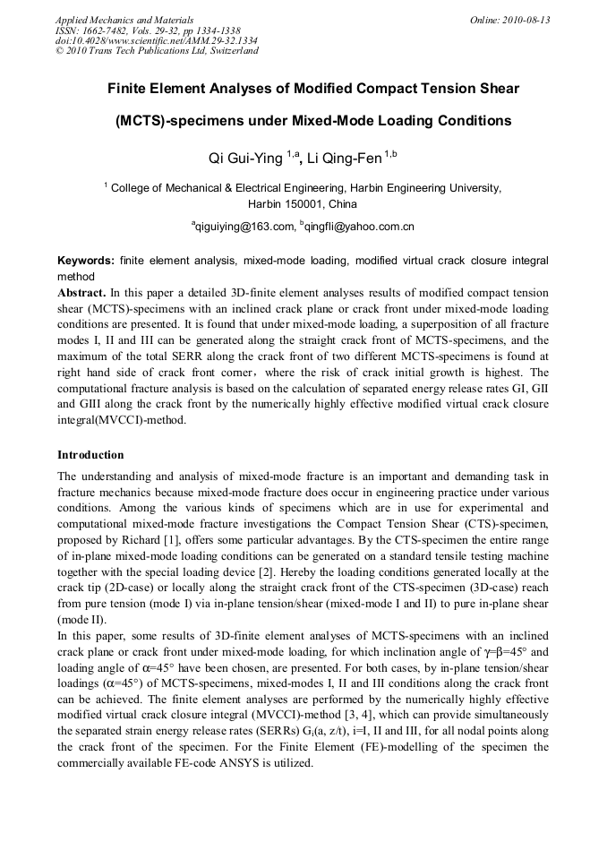Finite Element Analyses of Modified Compact Tension Shear (MCTS ...