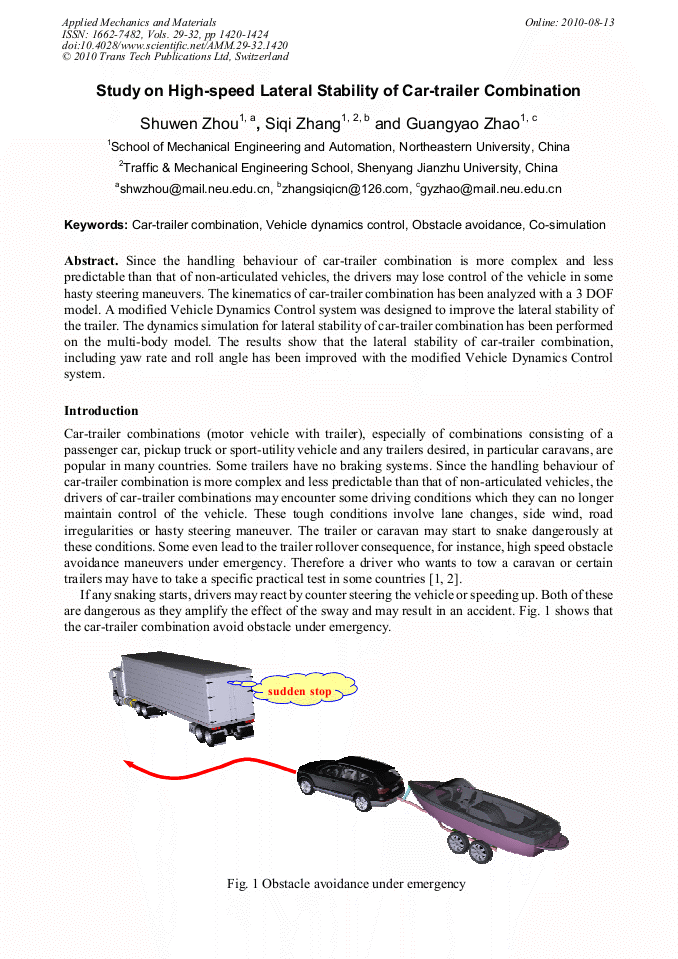 Study on High-Speed Lateral Stability of Car-Trailer Combination ...