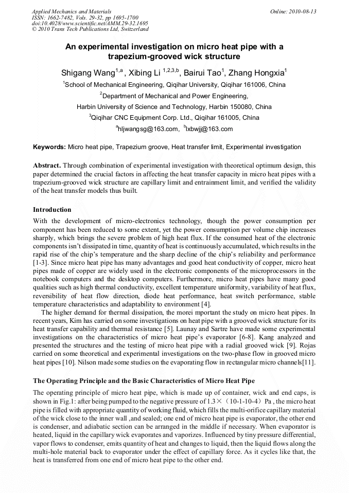 An Experimental Investigation on Micro Heat Pipe with a Trapezium ...
