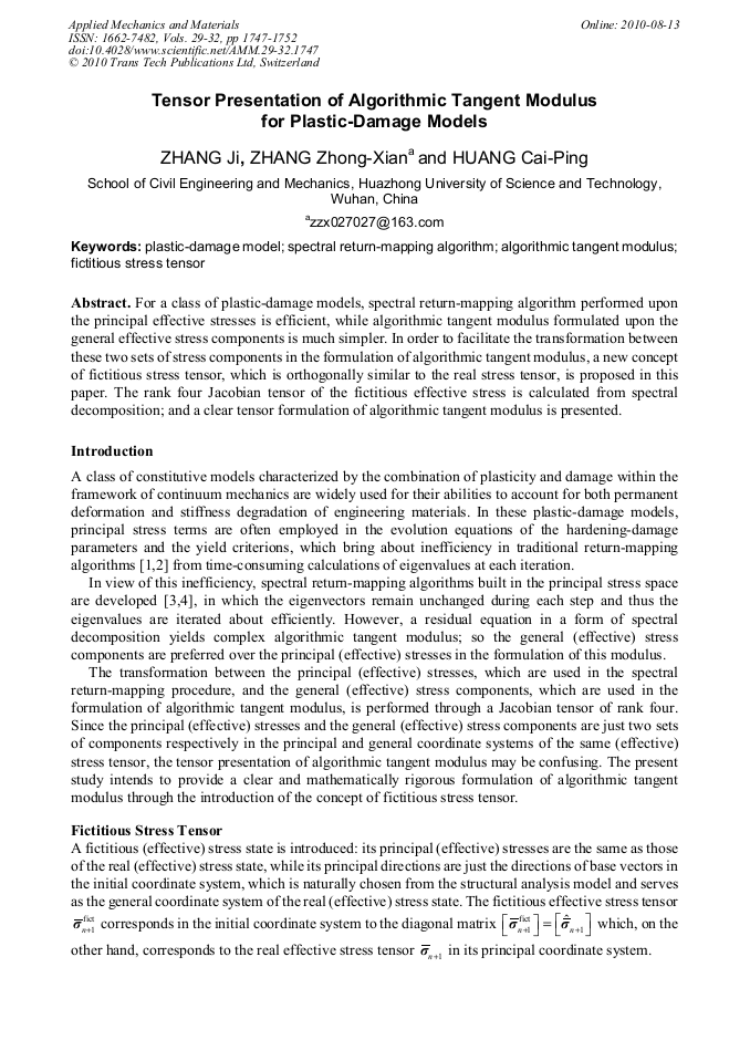 Tensor Presentation of Algorithmic Tangent Modulus for Plastic-Damage ...